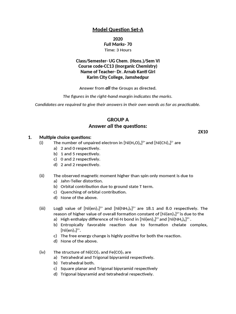 Sem VI University Question Pattern Inorganic Chemistry CC13 Model Set A | PDF