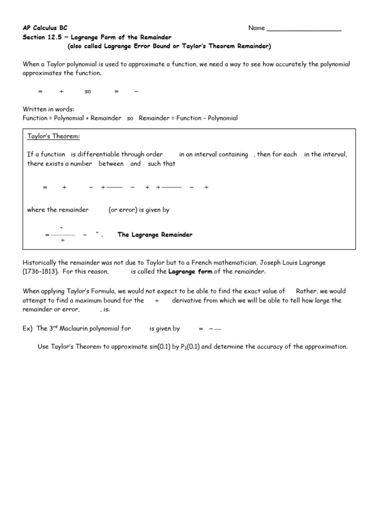 12e Lagrange Form of The Remainder (Last Day of Chapter) Blank Notes-1 ...