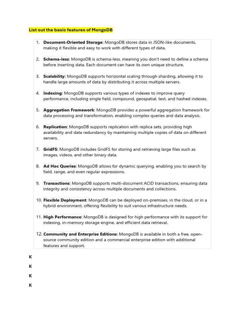 List out the basic features of MongoDB | PDF