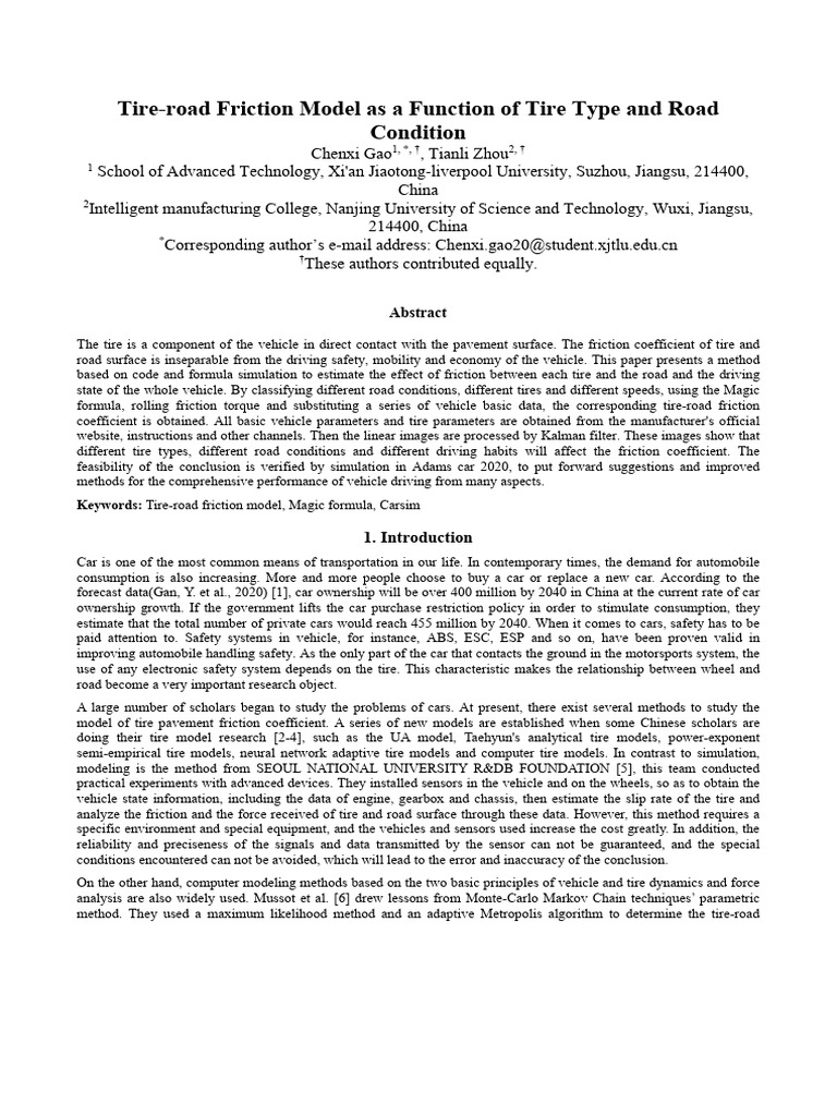 Tire-Road Friction Model As A Function of Tire Type and Road | PDF ...