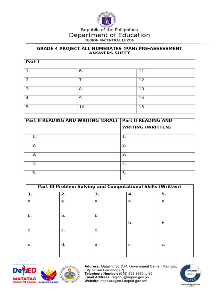 Grade 4 Key-To-Correction - Pre-Assessment | PDF
