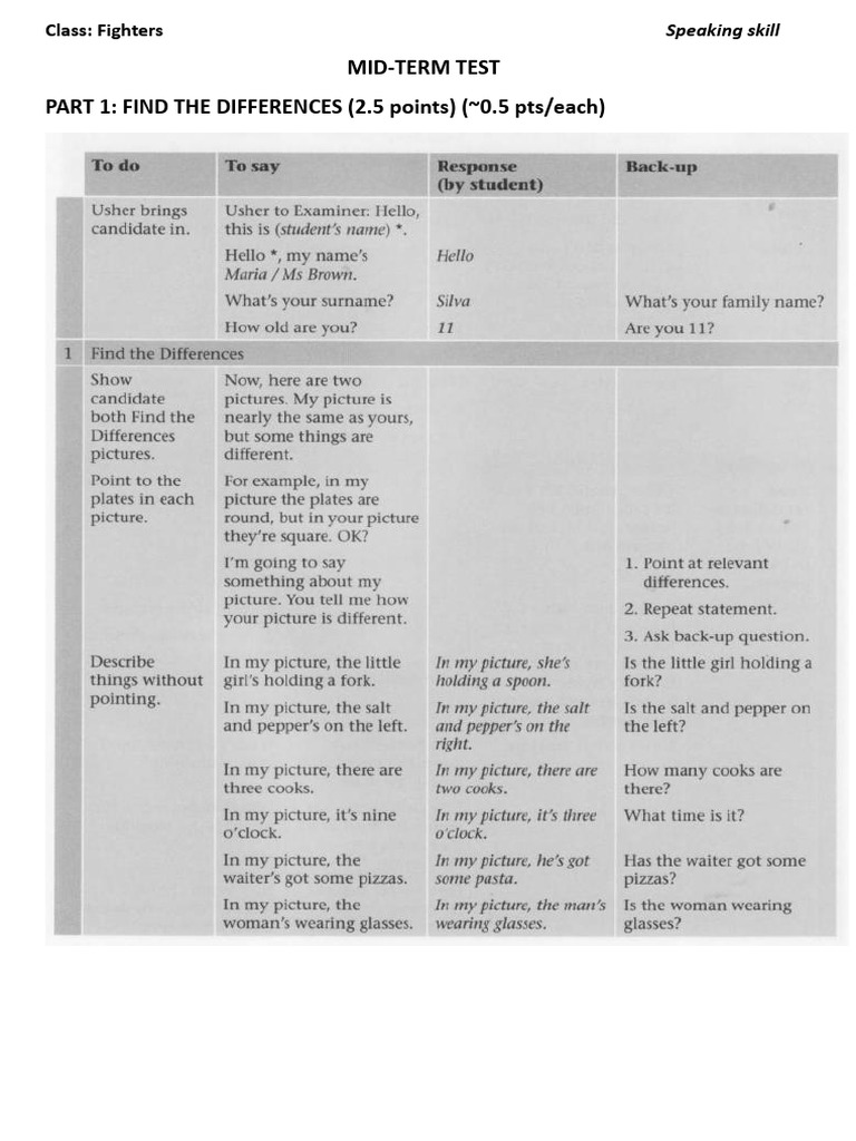 Mid Term Speaking Test Teacher Pdf