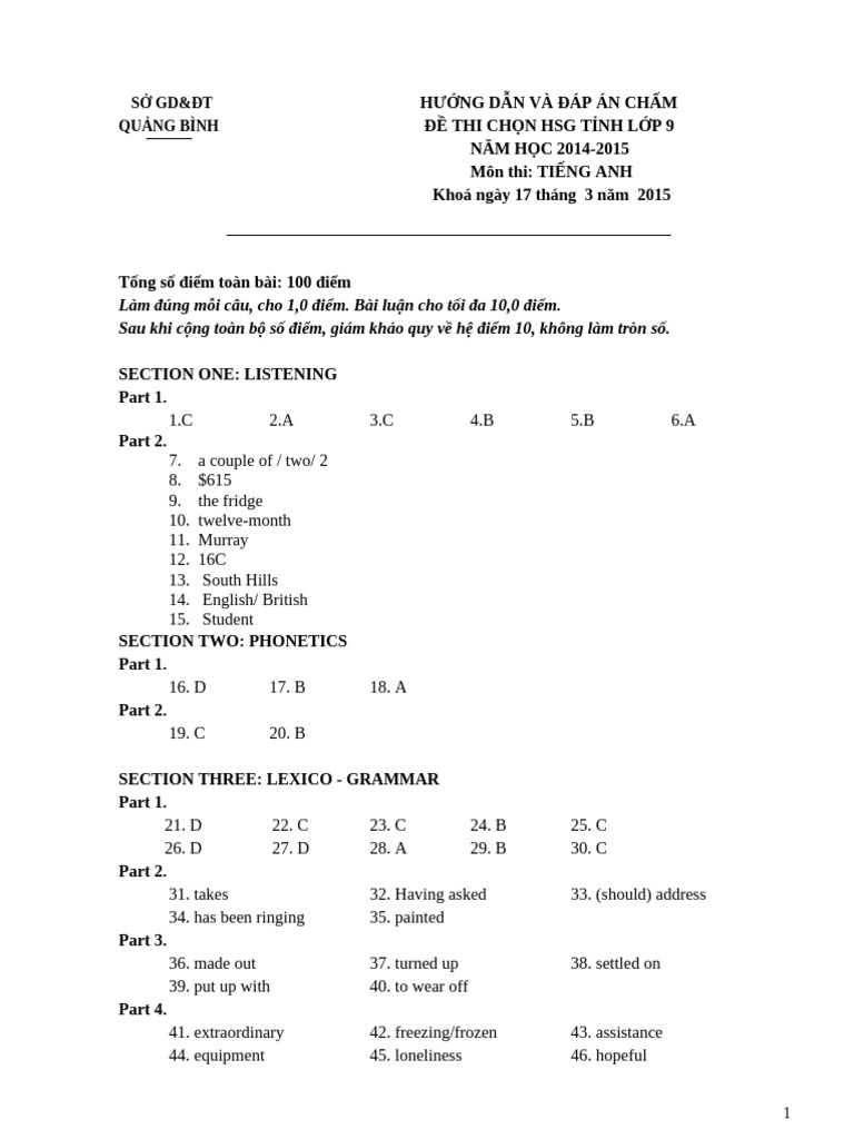 DAP AN HSG Anh 9-2014-2015 | PDF