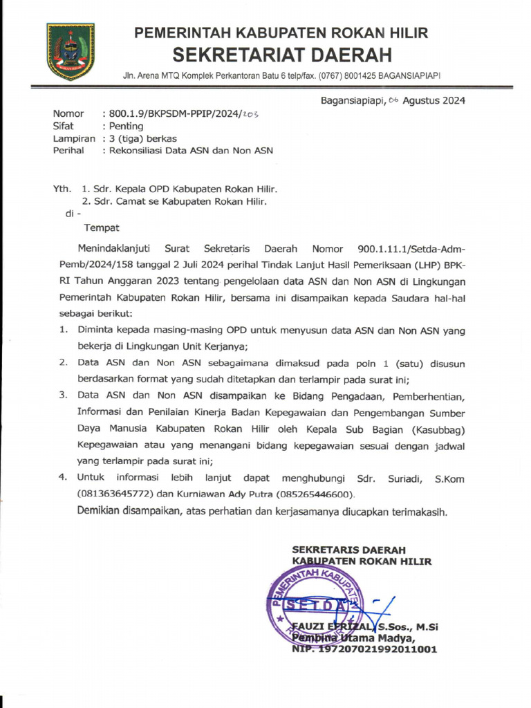 Surat Rekonsiliasi Data Asn Dan Non Asn 2024 | PDF