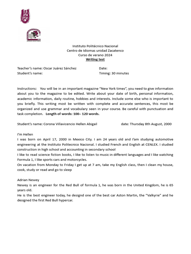 Writing English Test Two Pdf