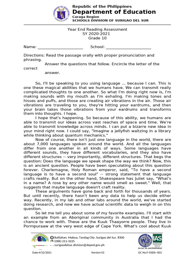 Grade-10-Reading-Passage | PDF