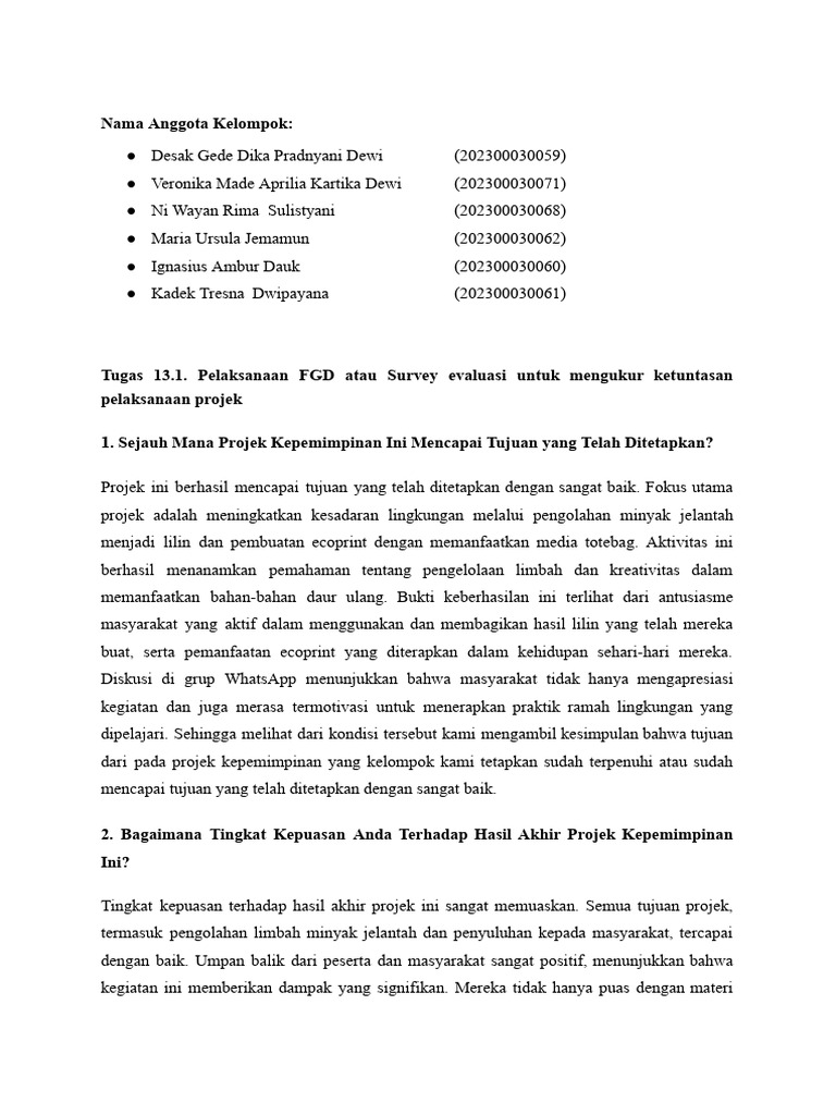 Tugas 13.1. Pelaksanaan FGD Atau Survey Evaluasi Untuk Mengukur ...
