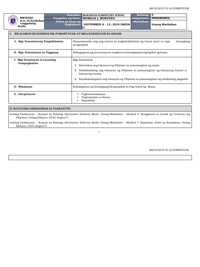 DLL Matatag - Araling Panlipunan 4 Q1 W7 | PDF | Philippines