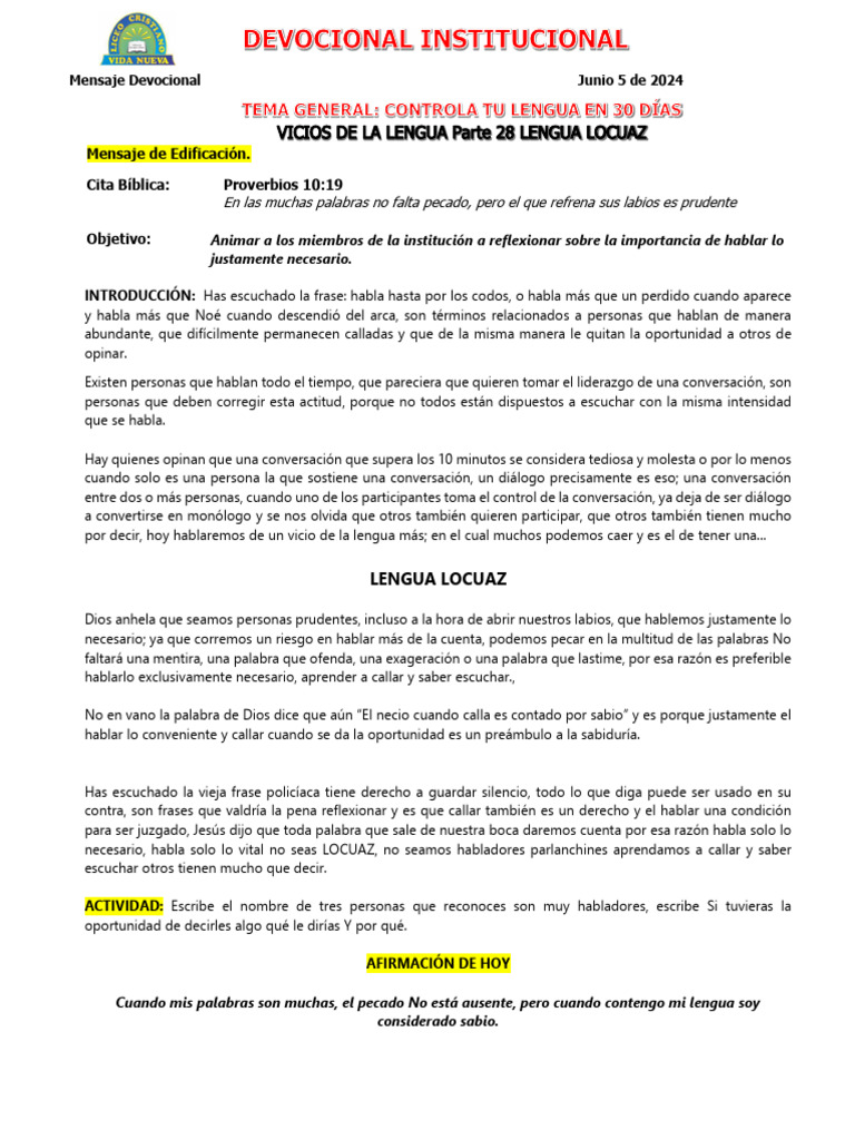 DEVOCIONAL JUNIO 5 DE 2027 Controla La Lengua en 30 Días. VICIOS LENGUA Parte 28 LENGUA LOCUAZ | PDF