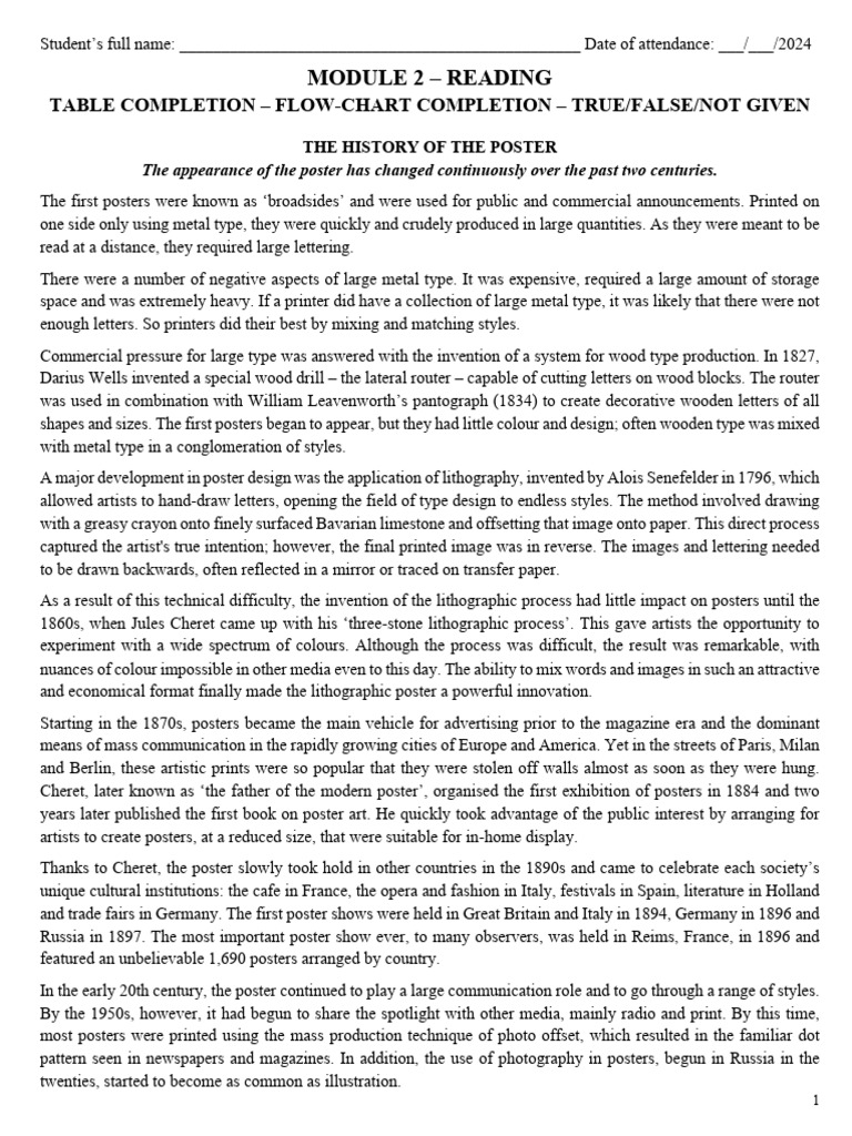 Module 2 - Reading: Table Completion - Flow-Chart Completion - True/False/Not Given | PDF