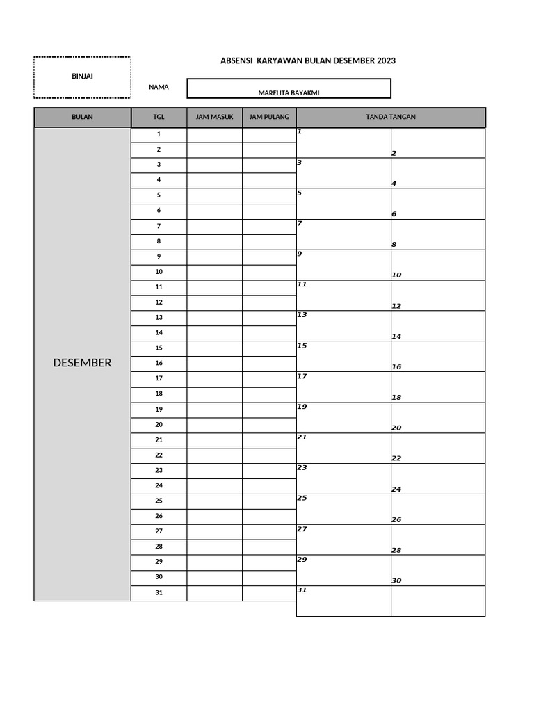 Absensi Karyawan Desember 2023 | PDF