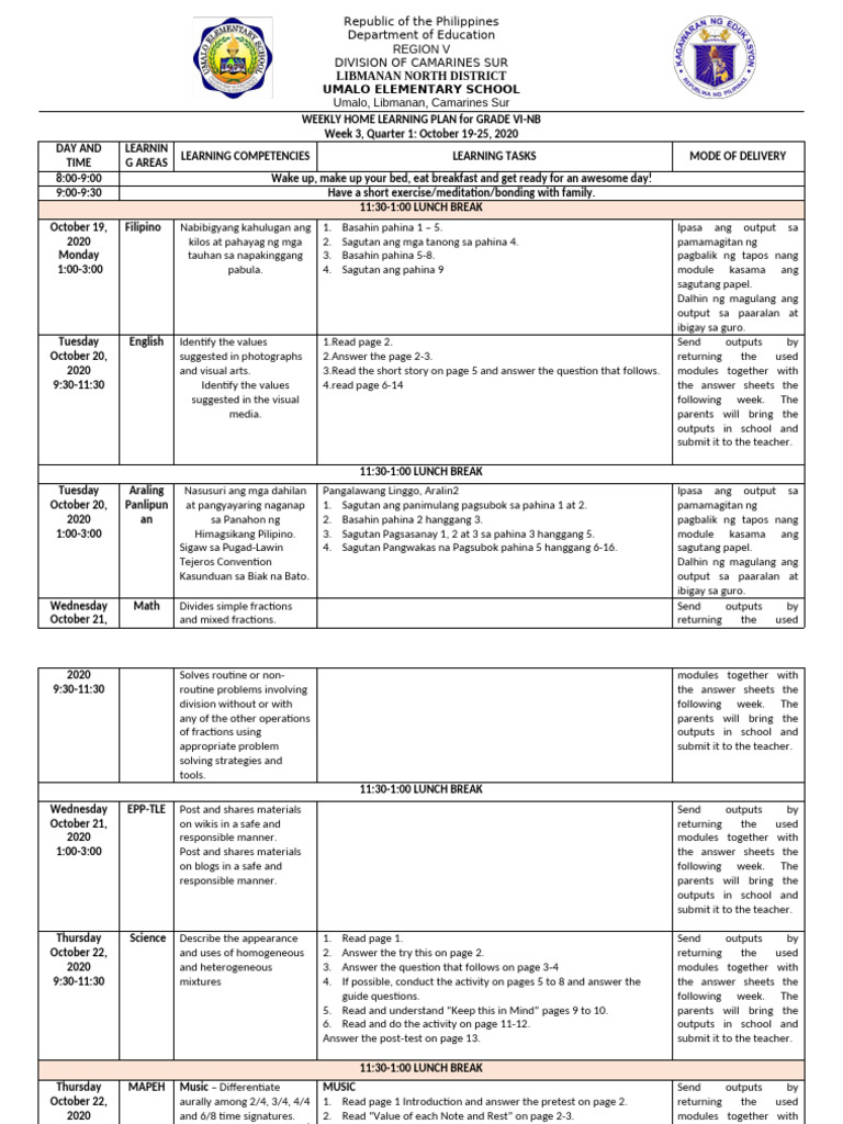 3 Weekly-Home-Learning-Plan-Grade-6 | PDF