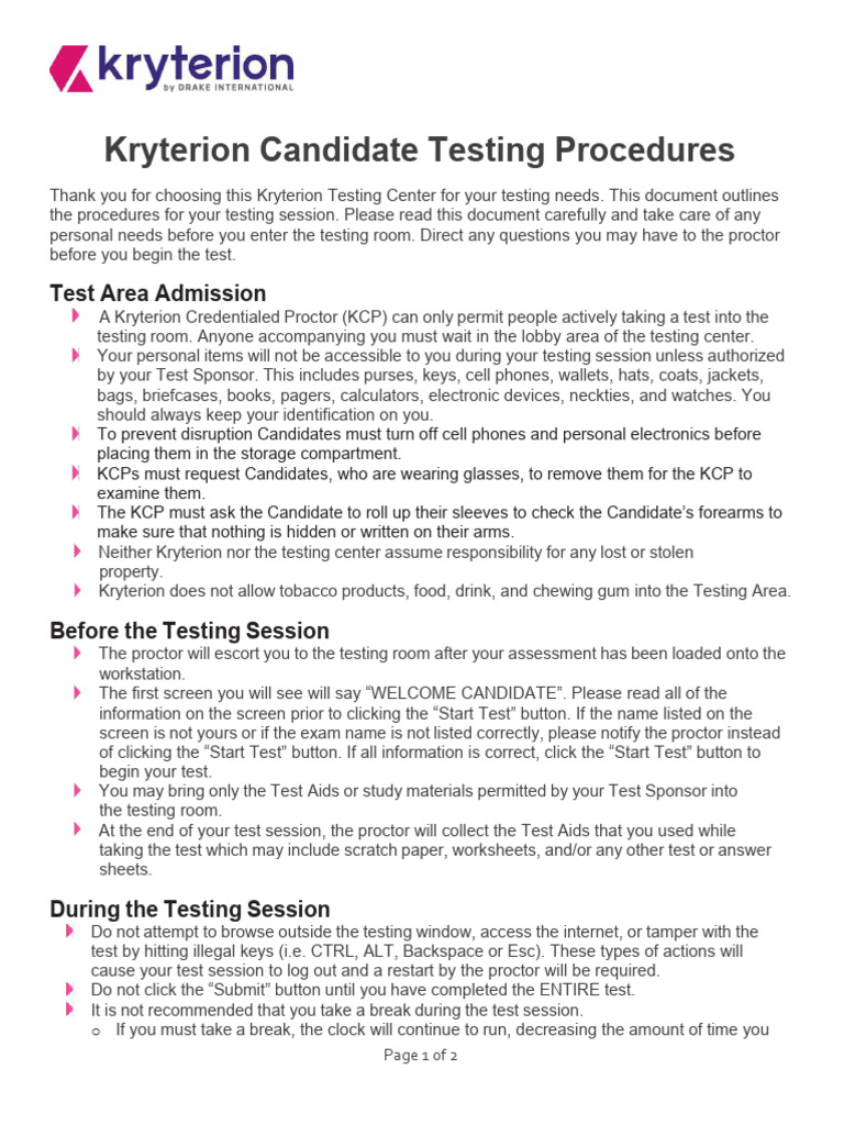 Kryterion Testing Procedures Guide | PDF