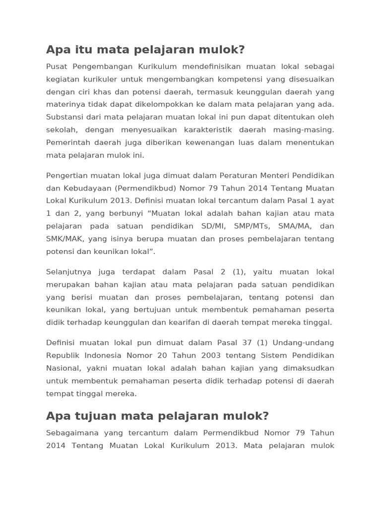 Apa itu mata pelajaran mulok | PDF