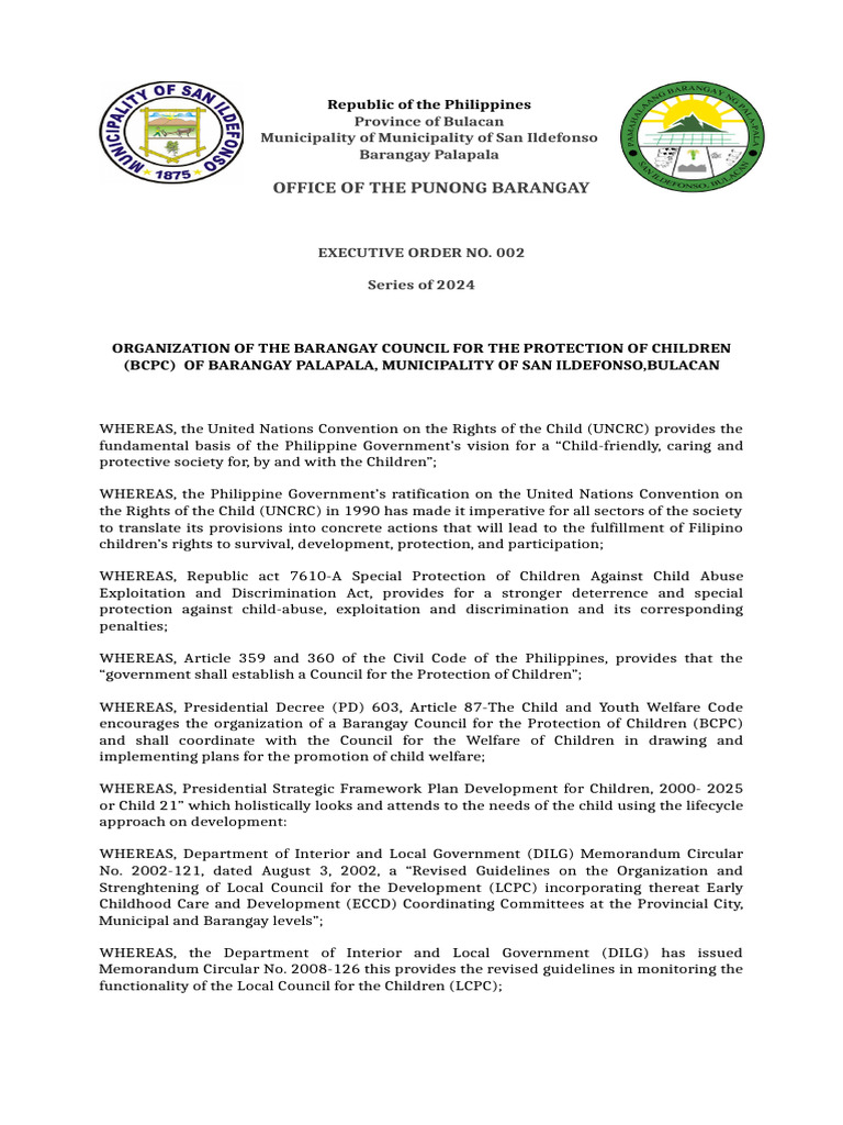 BARANGAY EXECUTIVE ORDER-002-2024 BCPC | PDF