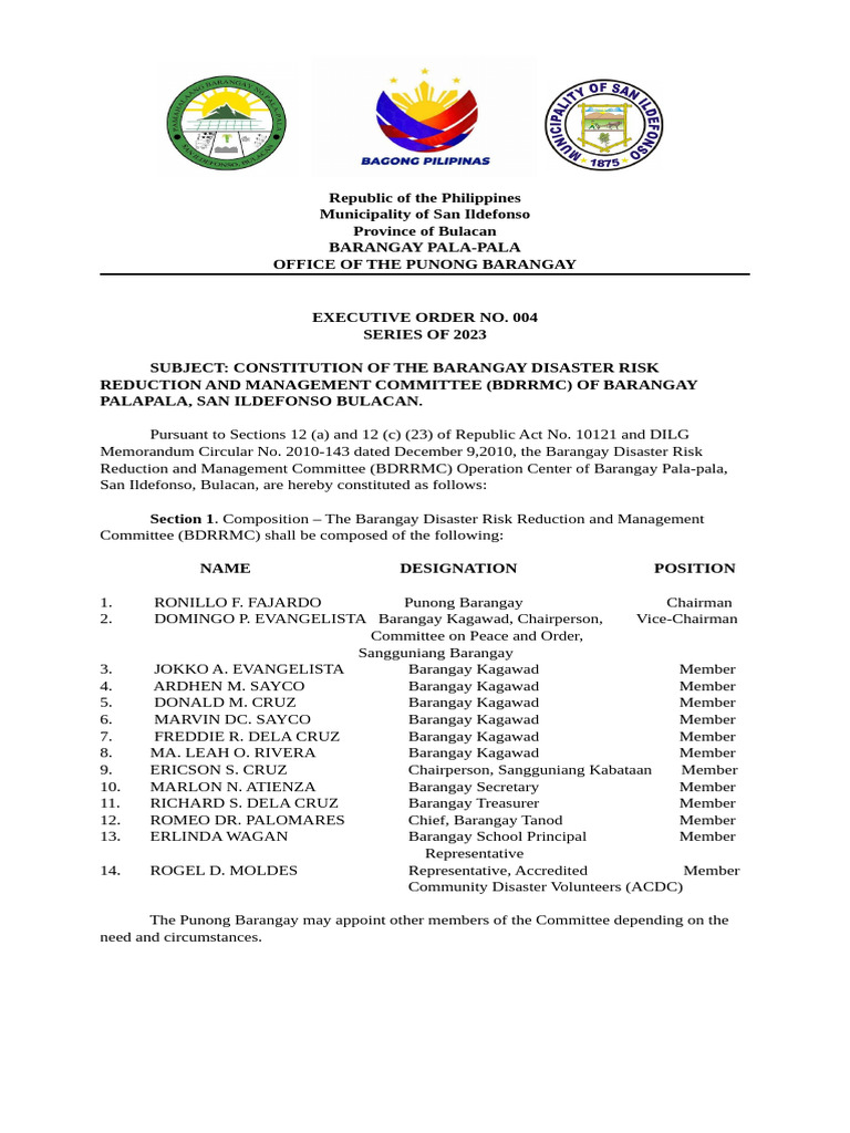Barangay Executive Order-004-2024 BDRRMC | PDF