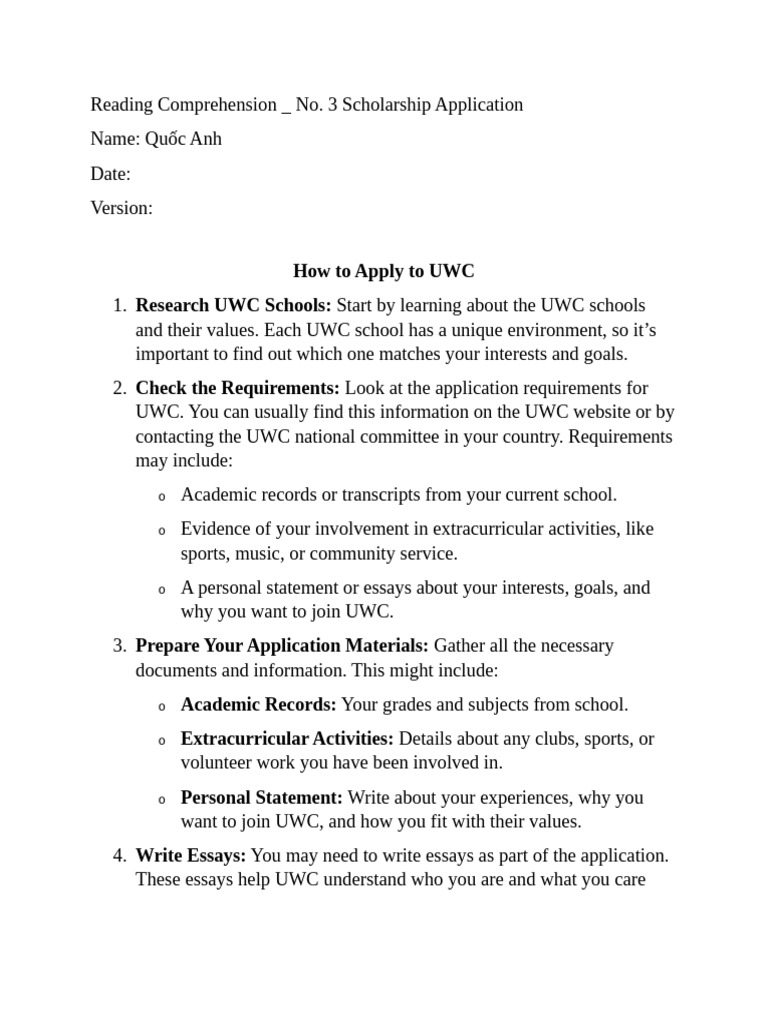 Reading Comprehension - How To Apply To UWC | PDF