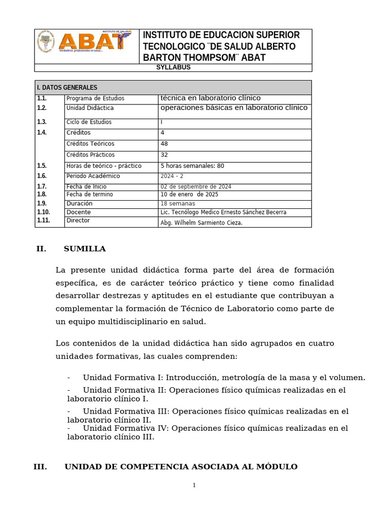 OPERACIONES BÁSICAS EN LABORATORIO CLÍNICO 2024 (1) Sillasvus 2024-2 | PDF