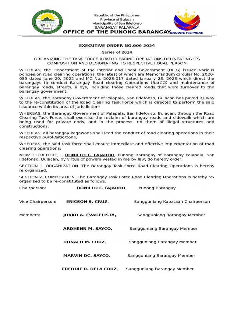 BARANGAY EXECUTIVE ORDER-006-2024 BaRCO | PDF
