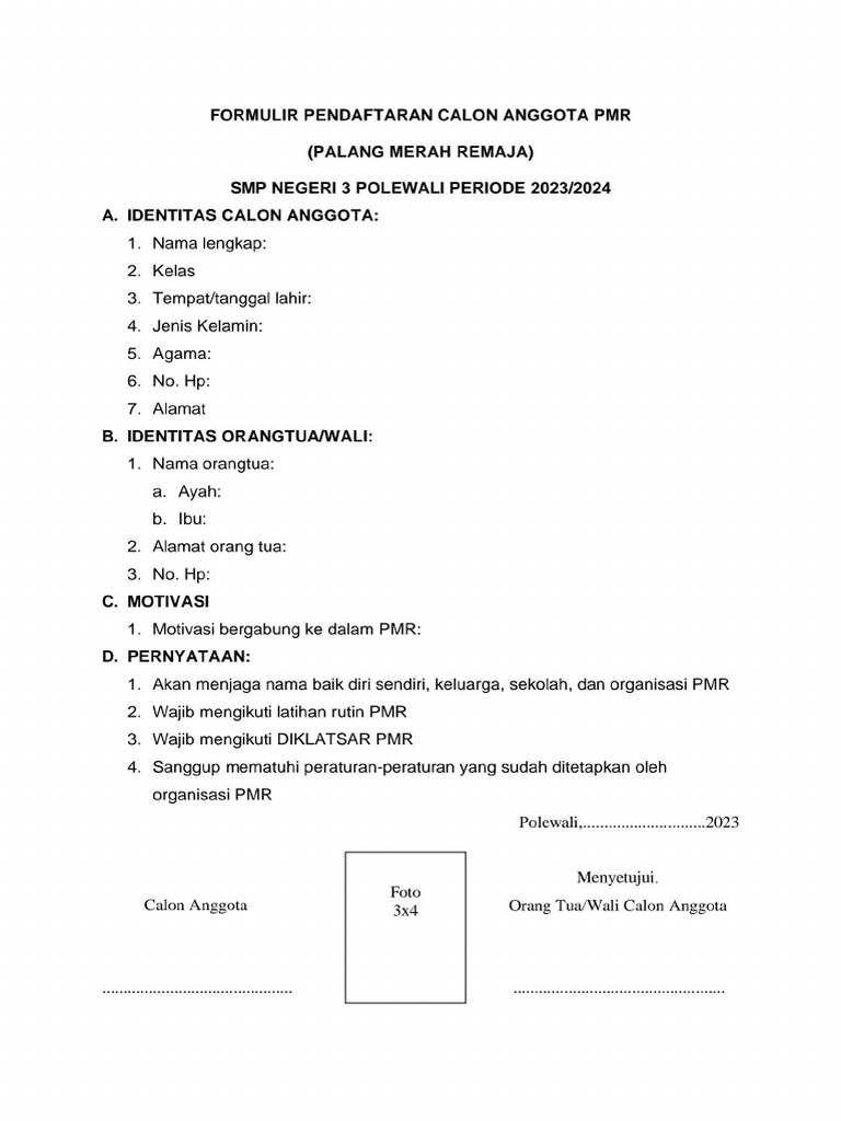 Formulir Pendaftaran Calon Anggota PMR SMPN 3 Polewali | PDF