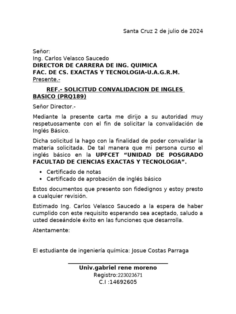 Modelo de Carta de Convalidación de Inglés Básico Formato | PDF