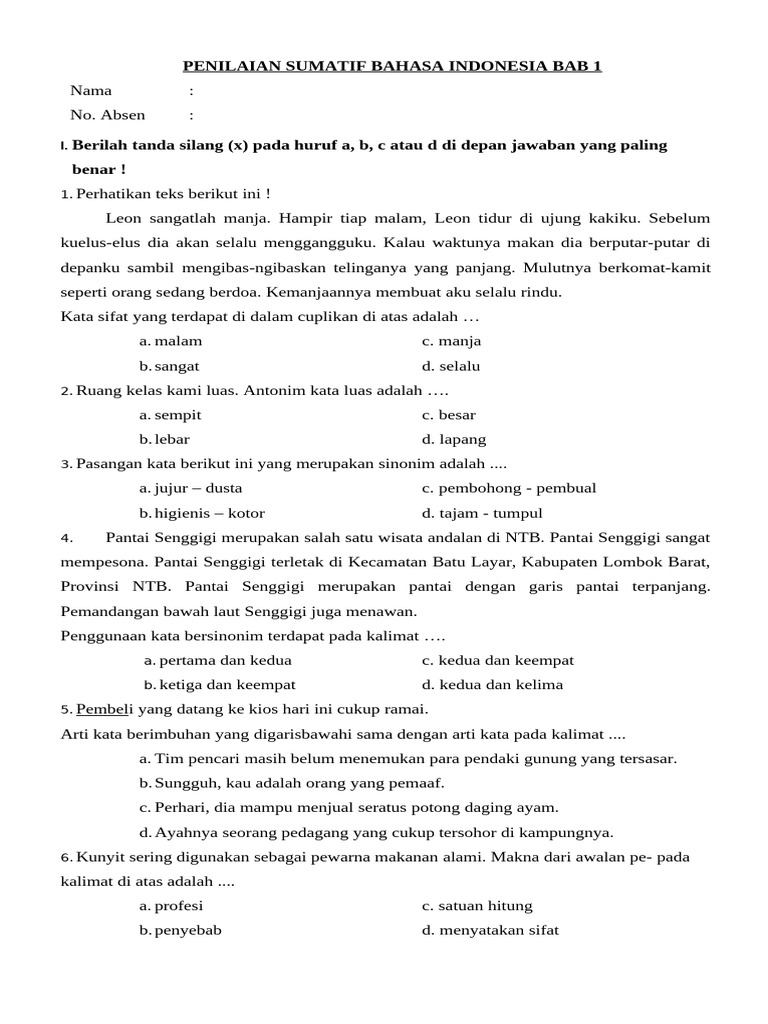 Soal Penilaian Harian BI Bab 1 | PDF | Language Arts & Discipline