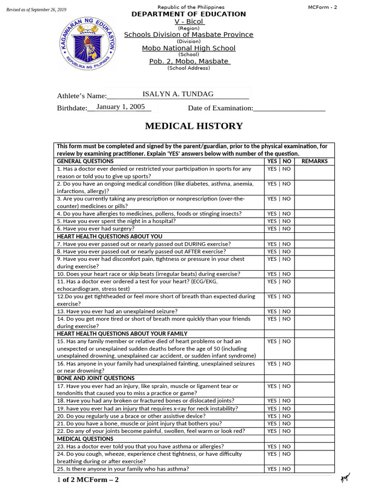 Medical Certificate (MC) Form 2 - Additional For Combative Sports ...