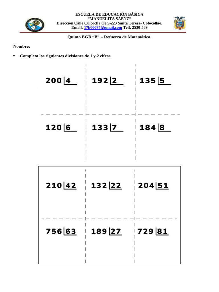 Recurso - Quinto EGB B - Divisiones de 1 y 2 Cifras Refuerzo | PDF