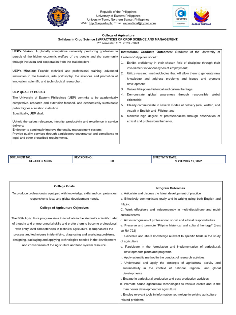 Principles in Crop Production Syllabus | PDF