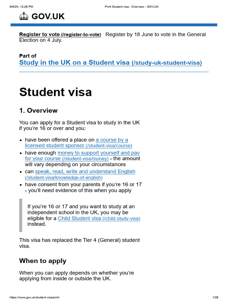 Print Student Visa Overview Gov Uk Pdf