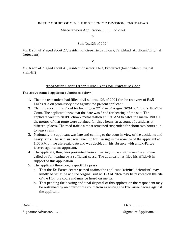 Application For Setting Aside Ex-Partee Decree | PDF