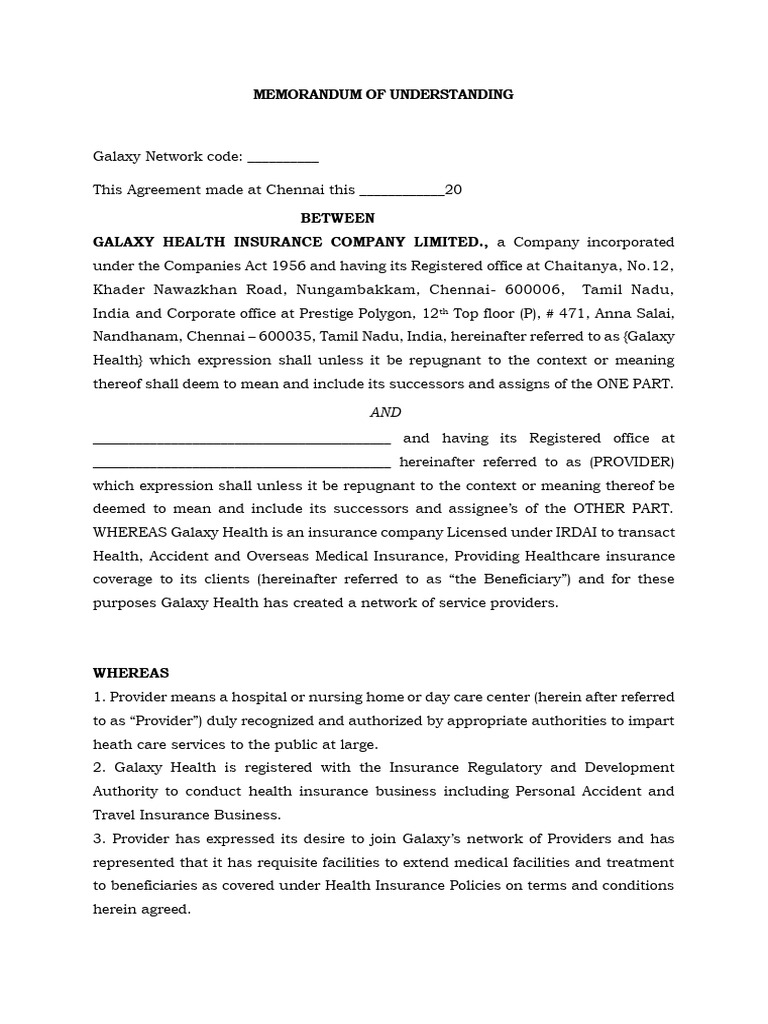 Galaxy Health Insurance Provider Agreement | PDF | Insurance | Payments