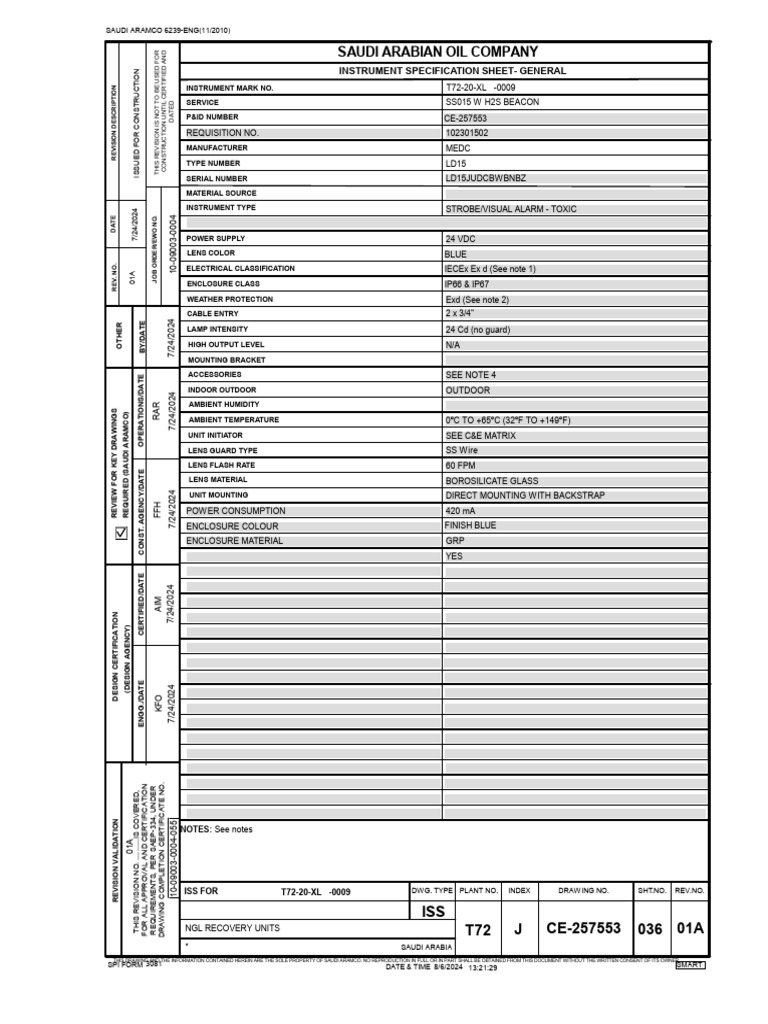 Saudi Arabian Oil Company: Instrument Specification Sheet-General | PDF