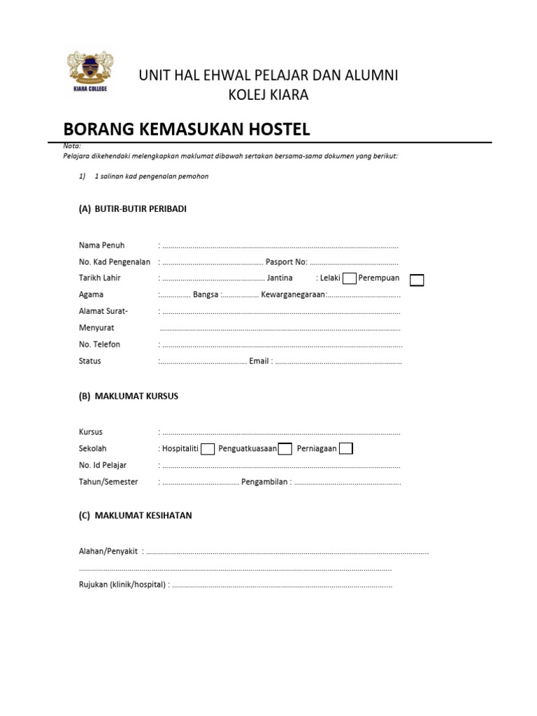 Template Borang Kemasukan Hostel | PDF