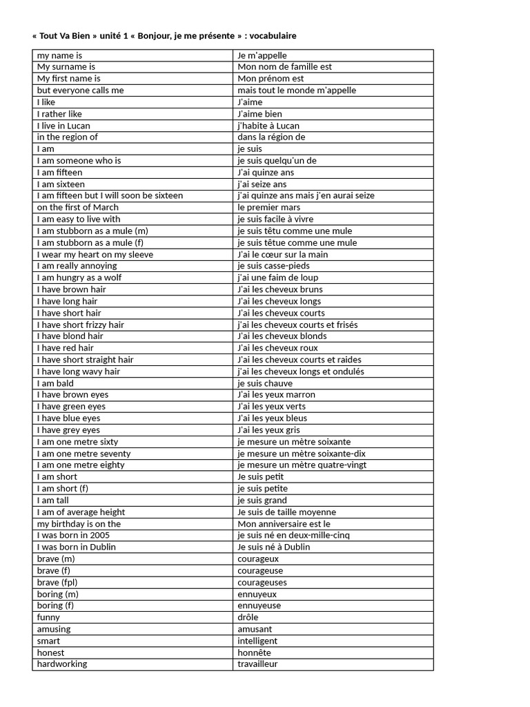 unit 2 worksheet French leaving cert | PDF
