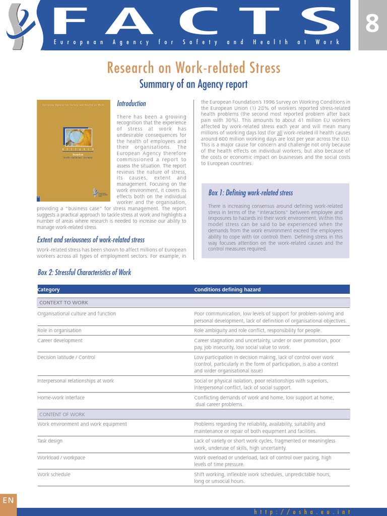 Factsheet 8 - Stress at Work - Summary of An Agency Report | PDF
