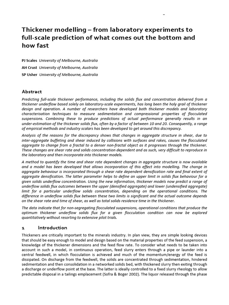 Thickener Modelling - From Laboratory Experiments To Full-Scale Prediction of What Comes Out The ...