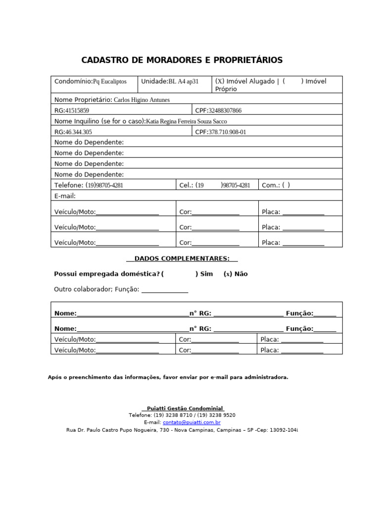FICHA CADASTRAL PADRÃO Word Editavel | PDF
