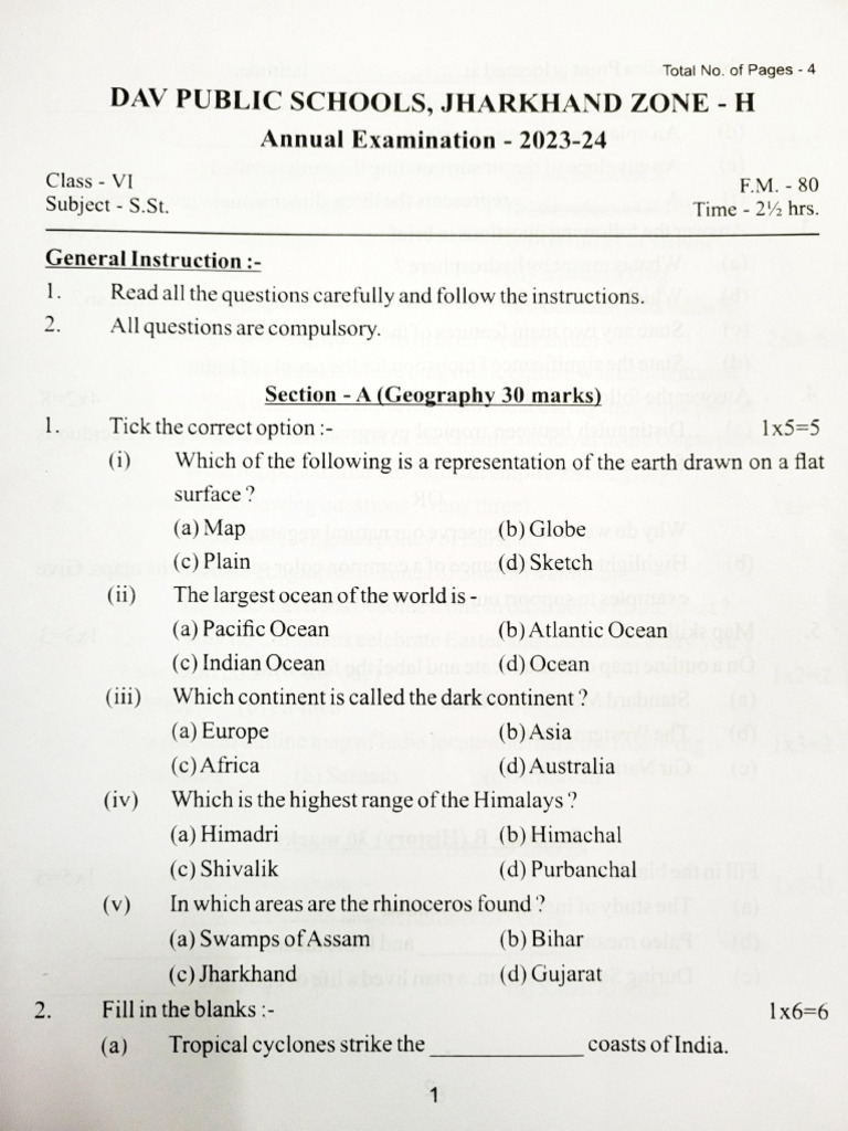 DAV Class 6 SST Question Paper Annual Exam 2024) . | PDF