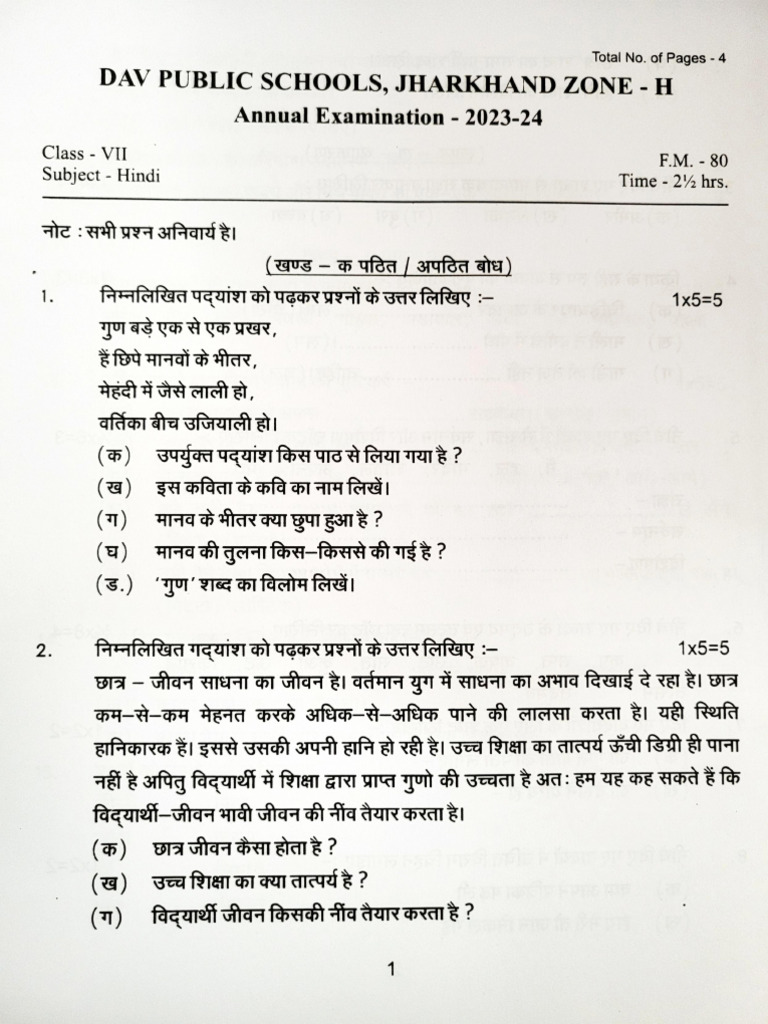DAV Class 7 Hindi Annual Exam QP 2024 | PDF