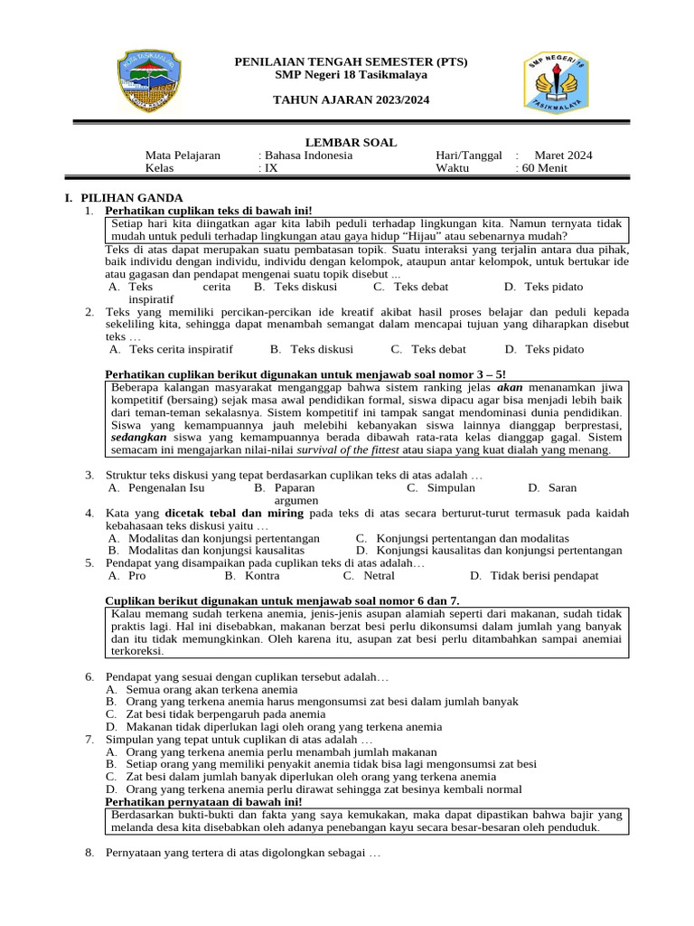 Soal PTS Bahasa Indonesia Kelas IX Semester Genap | PDF