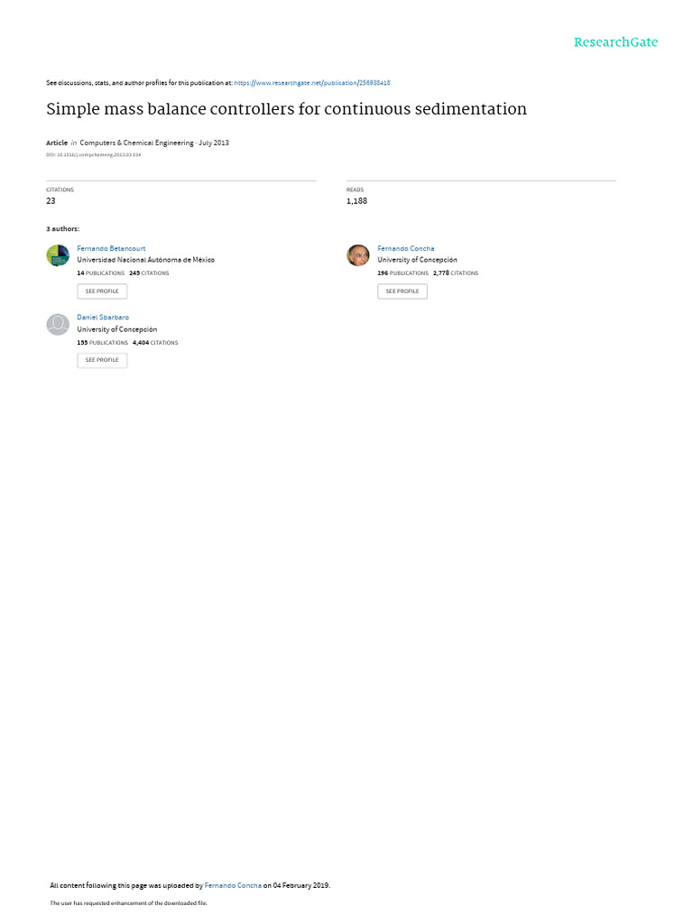 Simple Mass Balance Controllers For Continuous Sedimentation | PDF