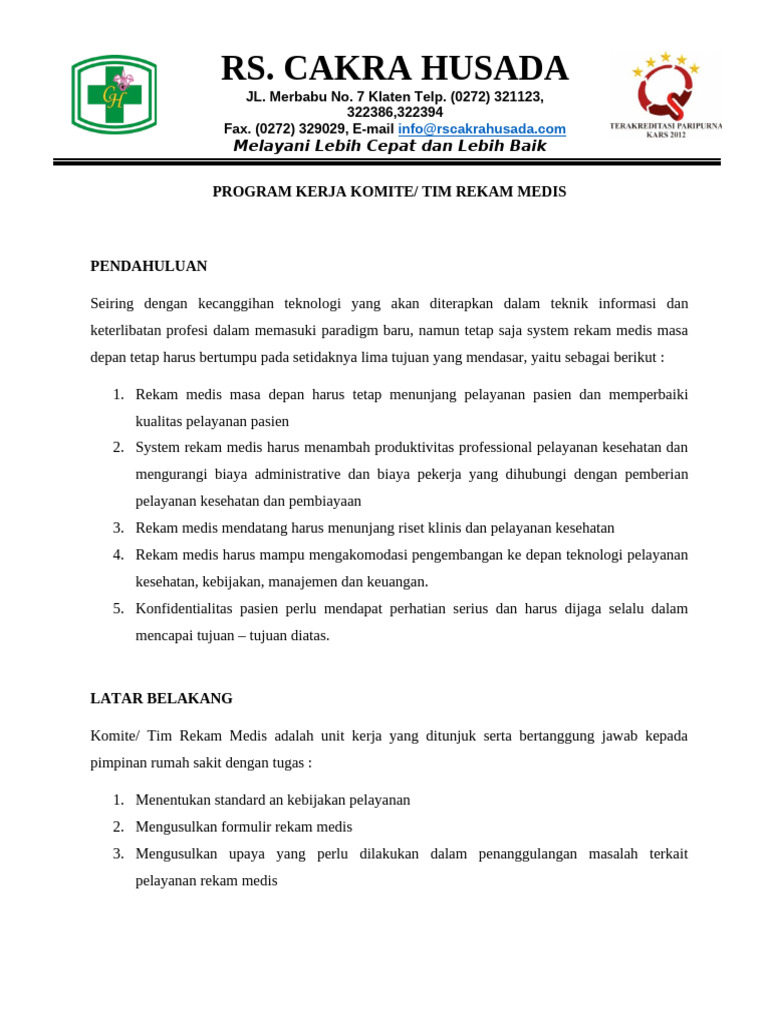 Program Kerja Komite Rekam Medis | PDF