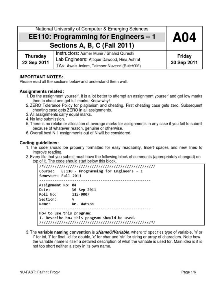 EE110: Programming For Engineers - 1: Sections A, B, C (Fall 2011 ...