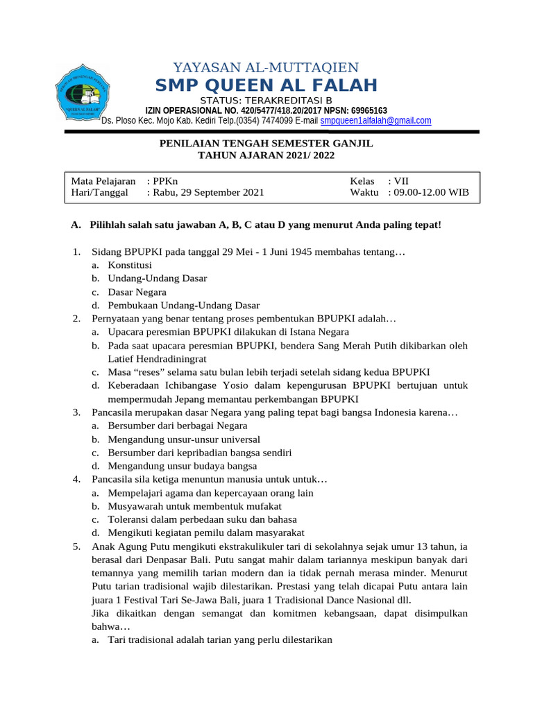 Naskah Soal PTS Ganjil Kelas Vii - 2021 | PDF