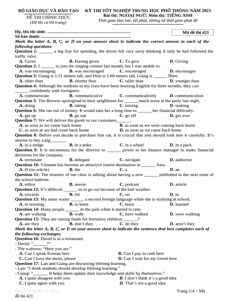 [Tailieudieuky.com] 9. Tieng Anh_ de Thi Chinh Thuc_K23_Ma de 421 | PDF