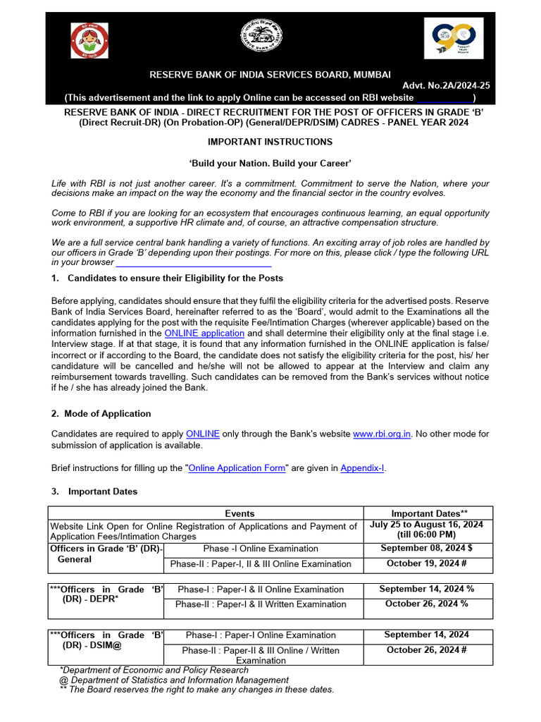RBI Grade B Officer Bharti 2024 for 94 Posts | PDF