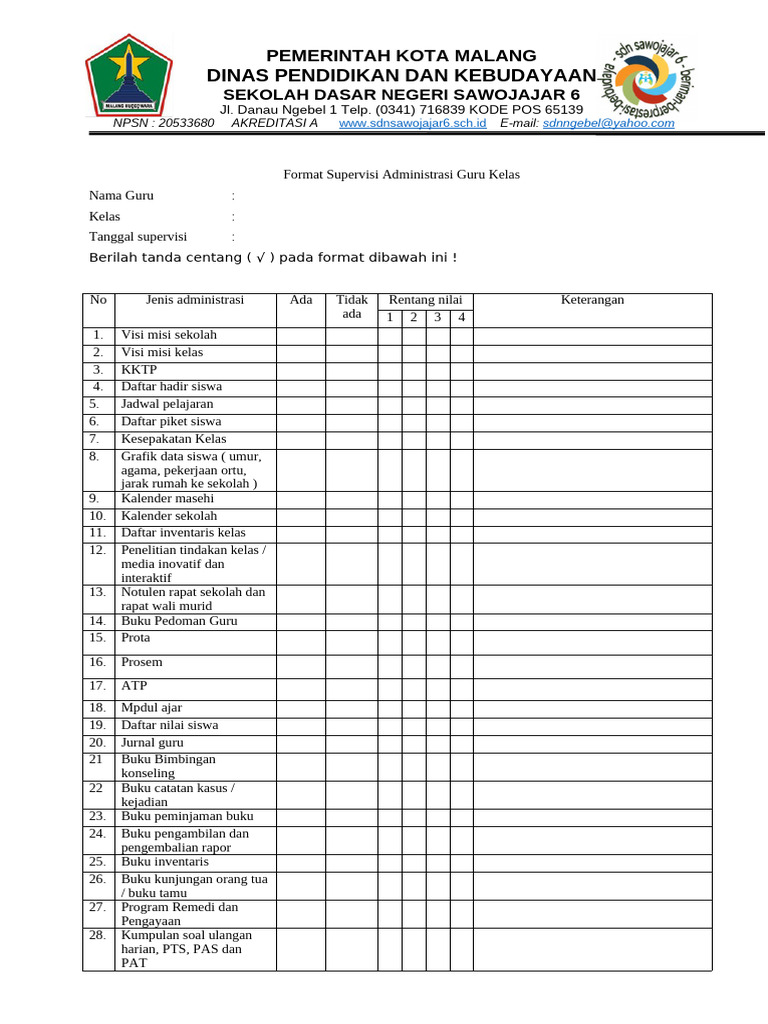 Instrumen Administrasi Guru Kelas | PDF
