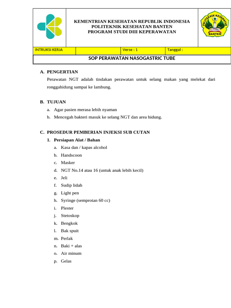 Sop Perawatan NGT | PDF