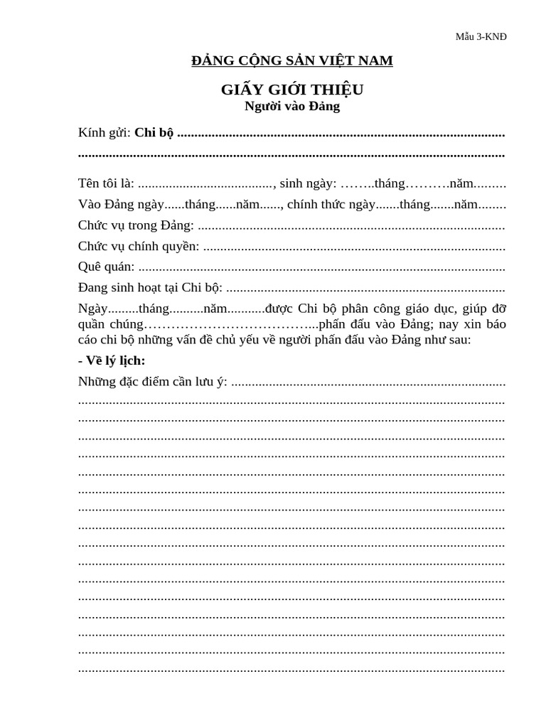Mau Giay Gioi Thieu Nguoi Vao Dang | PDF